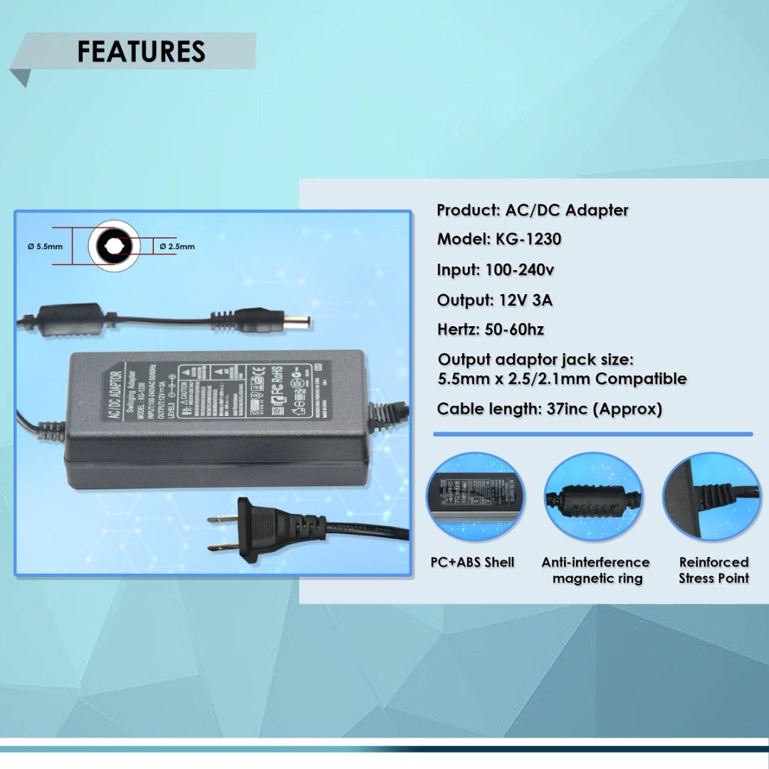 AC/DC ADAPTOR SWITCHING ADAPTER 12V 3A KG-1230, AC to DC INPUT 100-240v ...