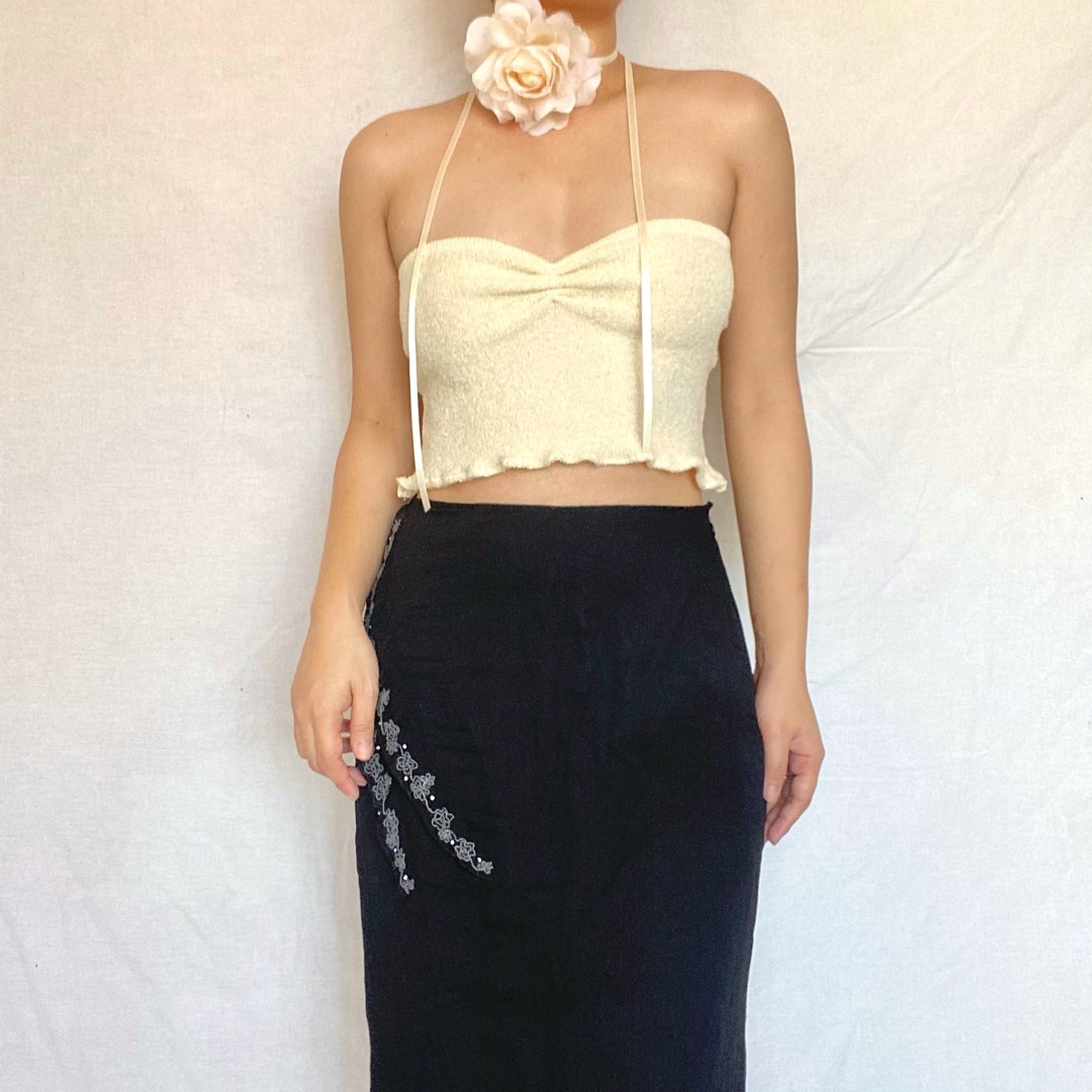 Cream terry-knit ruched tube top on Carousell
