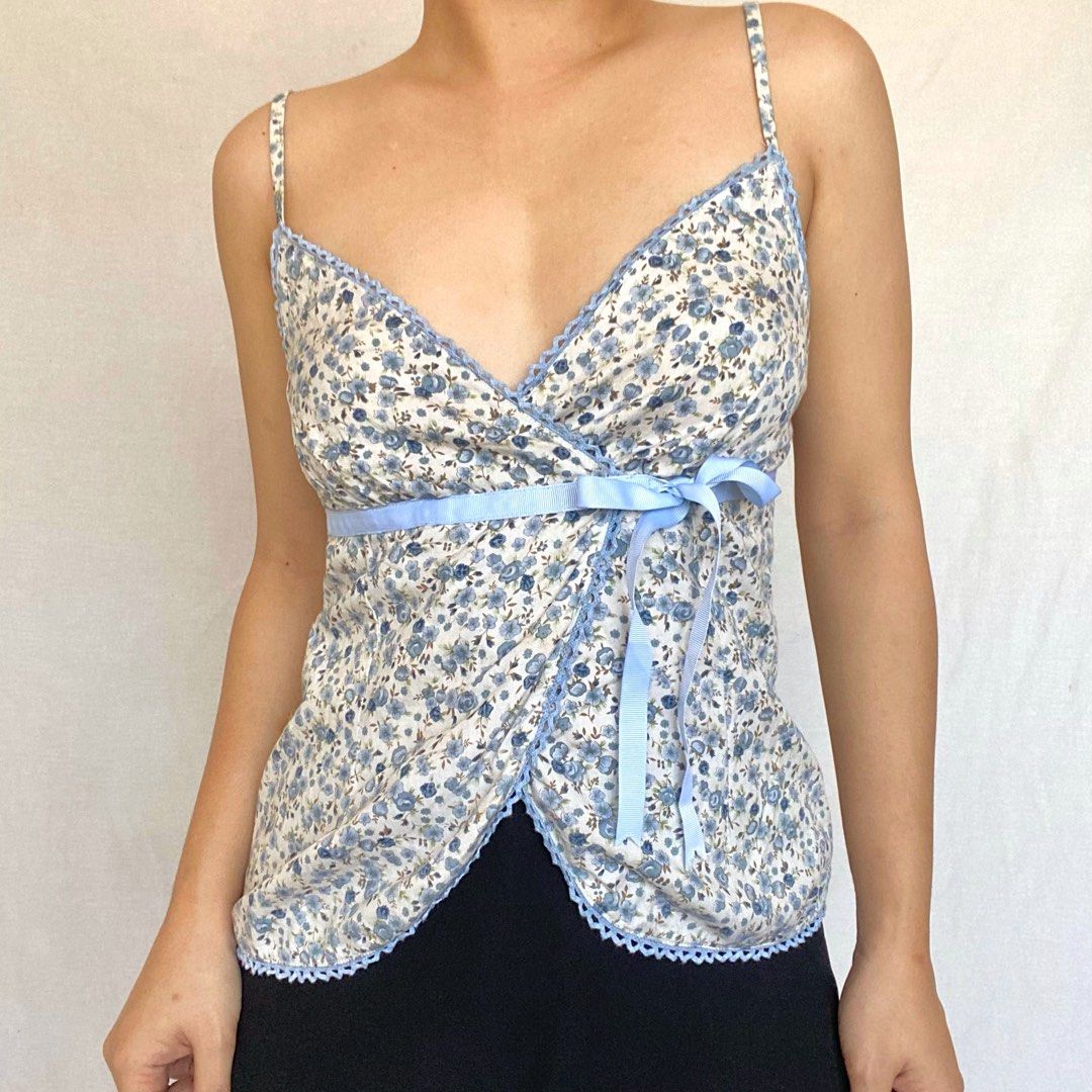 Dainty coquette-farm girl powder blue mini florals bustier overlap top ...