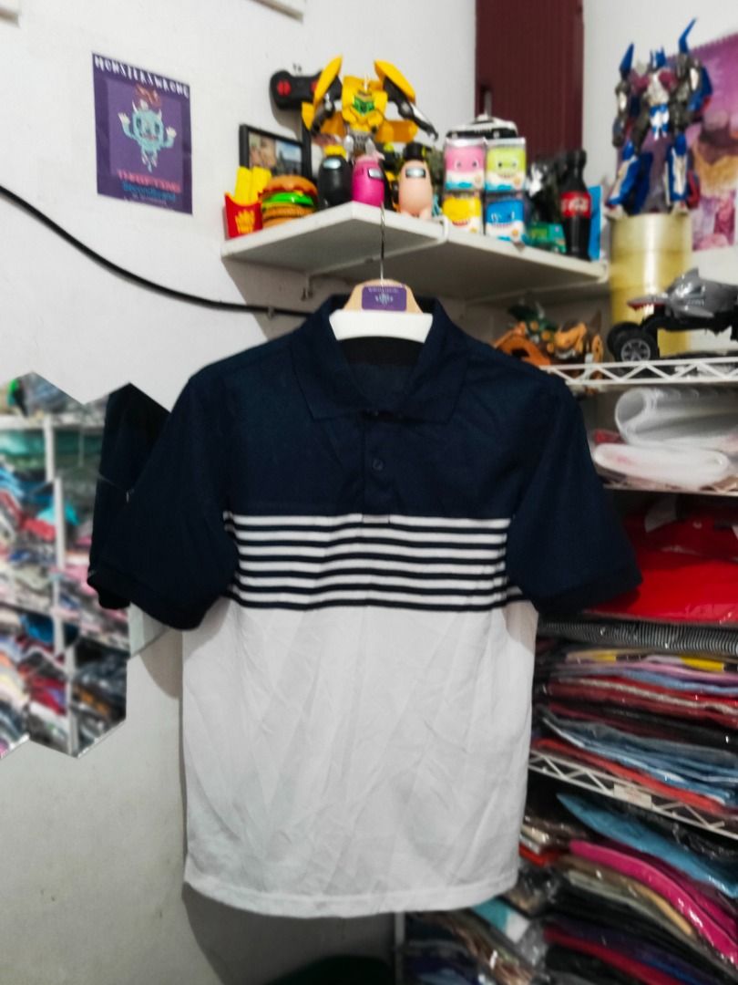 Kaos Polo Co-kinu Biru Dongker Putih Garis Garis, Fesyen Pria, Pakaian ...