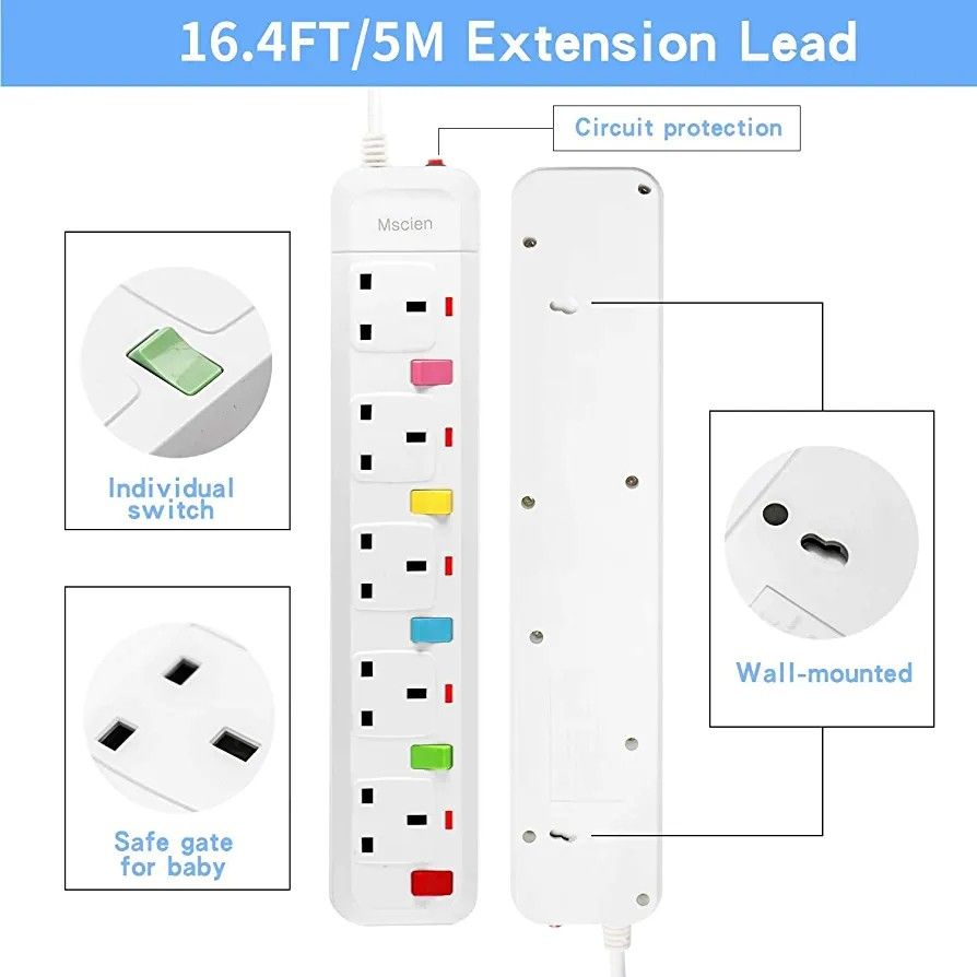 Mscien 5M Extension Lead 5 Way Individually Switched Surge Protected ...