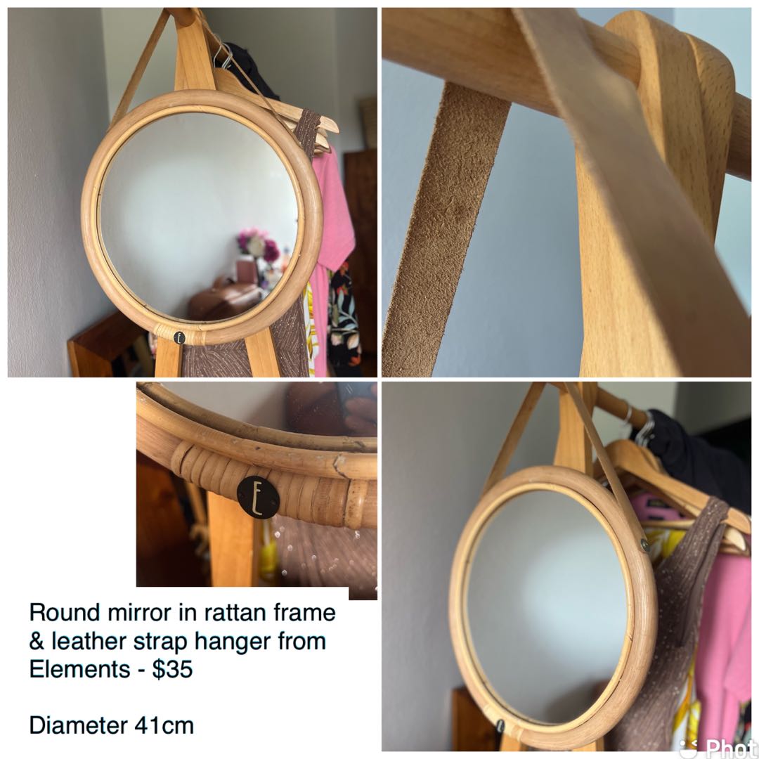 Round rattan in leather strap hanging mirror, Furniture & Home Living ...