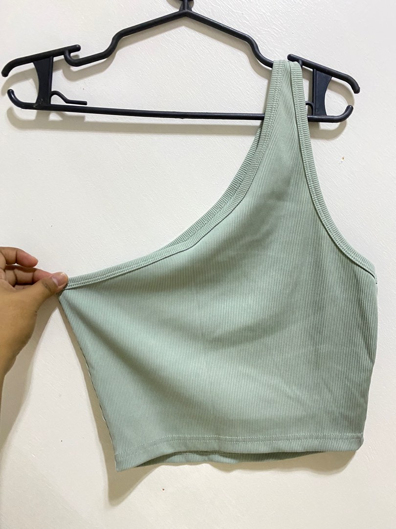 Sage Green One Shoulder Ribbed Sando on Carousell