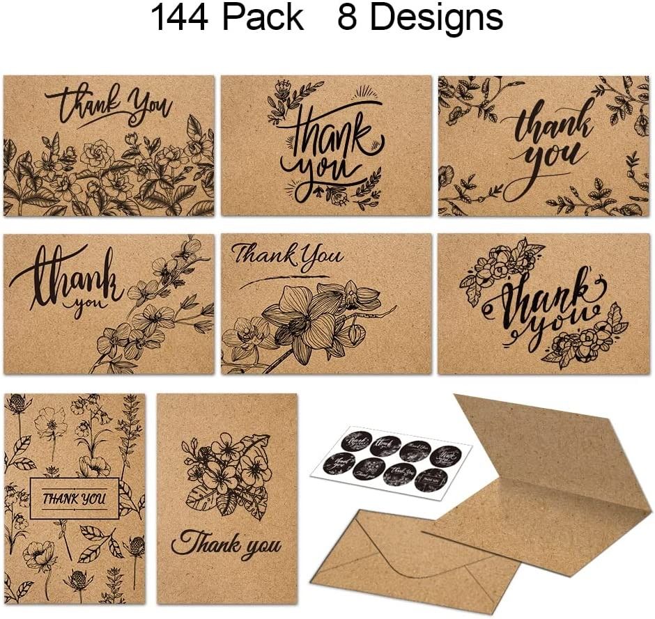 144 Bulk Thank You Cards, 4x6 inch Classic Kraft Thank You Note Cards ...