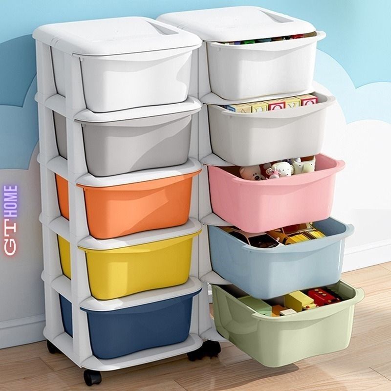 5 Tiers Plastic Drawer Storage Cabinet with Movable Wheels, Furniture ...