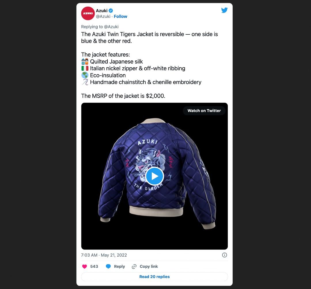 AZUKI Twin Tiger Jacket XL (Rare), Luxury, Apparel on Carousell