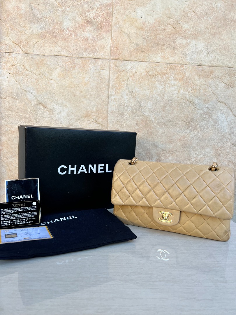 Chanel Medium Lambskin Flap Bag in Beige (Complete Set with additional ...