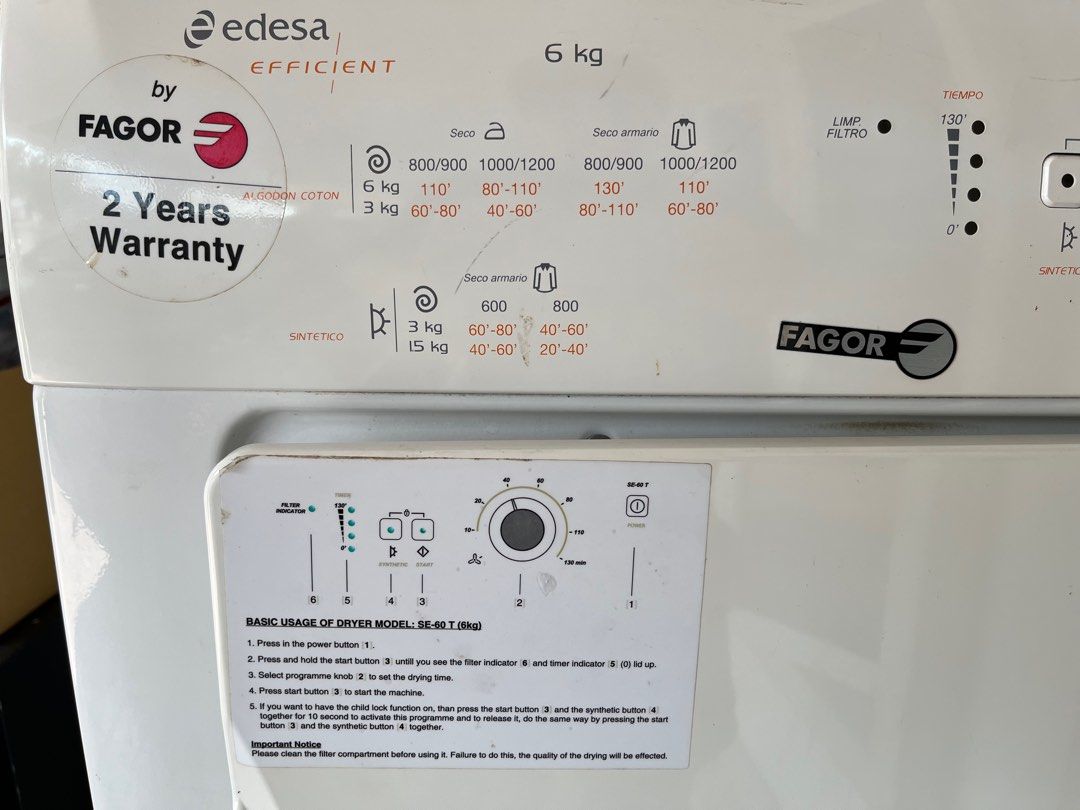 Fagor Dryer 6kg, TV & Home Appliances, Washing Machines and Dryers on ...