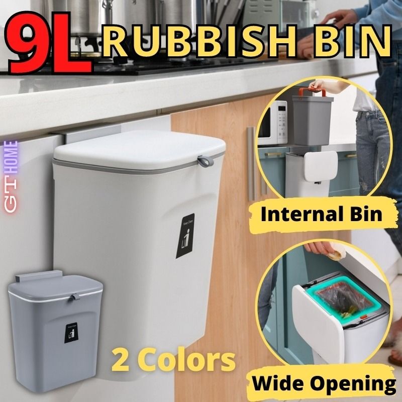 Hanging Kitchen Rubbish Bin with Lid, Furniture & Home Living, Cleaning ...