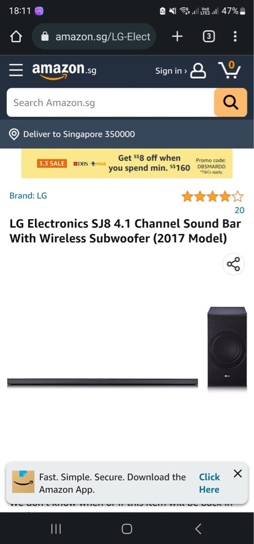LG Electronics SJ8 4.1 Channel Sound Bar With Wireless Subwoofer, Audio ...