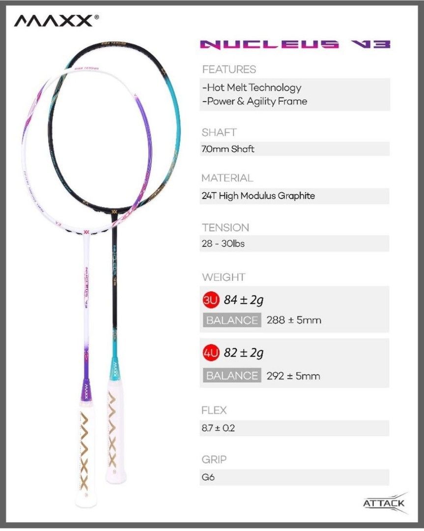 Maxx Nucleus V3 Badminton Racket - 3U / 4U, Sports Equipment, Sports ...
