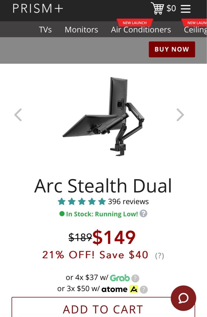 PRISM+ ARC Stealth Dual Monitor Arm, Computers & Tech, Parts ...