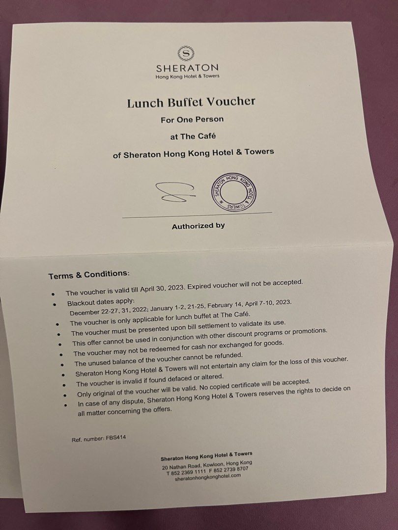 Sheraton lunch buffet voucher x2, 門票＆禮券, 兌換券 - Carousell
