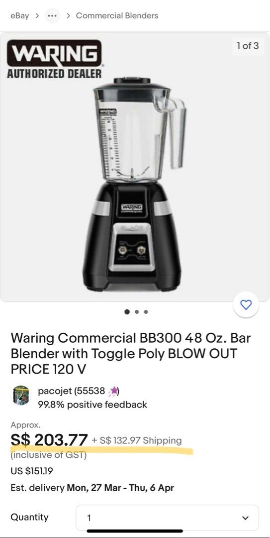 Waring Commercial BB300 48 Oz. Bar Blender with Toggle Poly, TV & Home ...