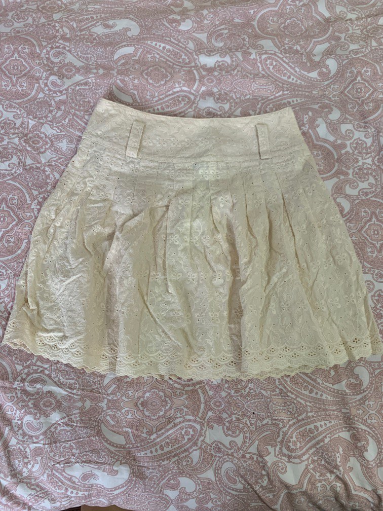 y2k coquette fairycore beige cream eyelet mini skirt ulzzang tennis, Women's Fashion, Bottoms ...