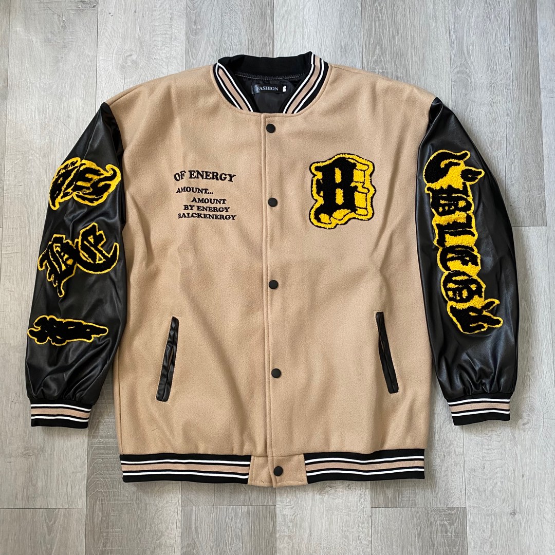 Black, Beige & Yellow Letterman Varsity Jacket, Men's Fashion, Coats ...