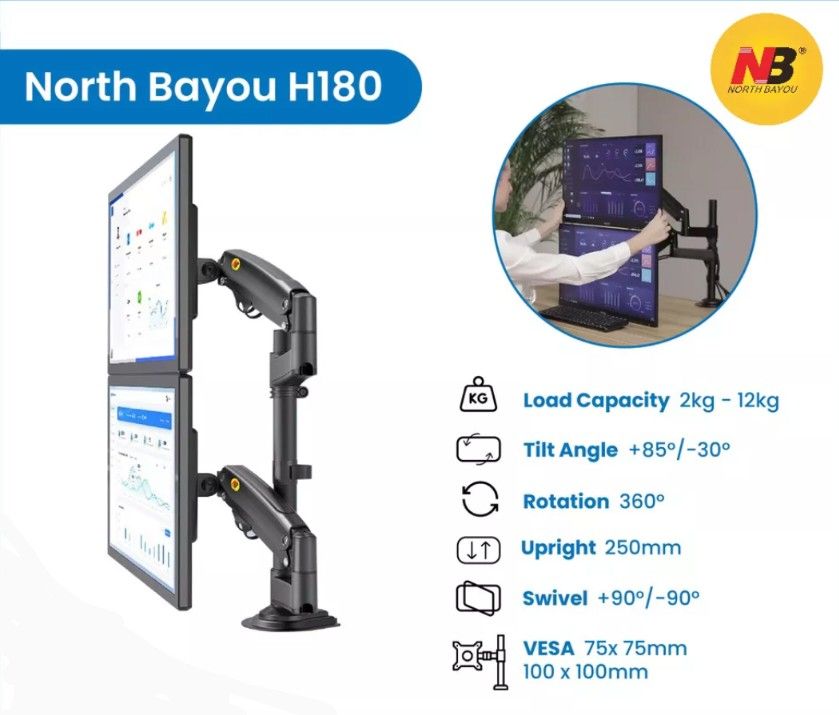 BNIB NB H180 Dual Monitor arm/stand VESA Mount up to 32" 12kg gas ...