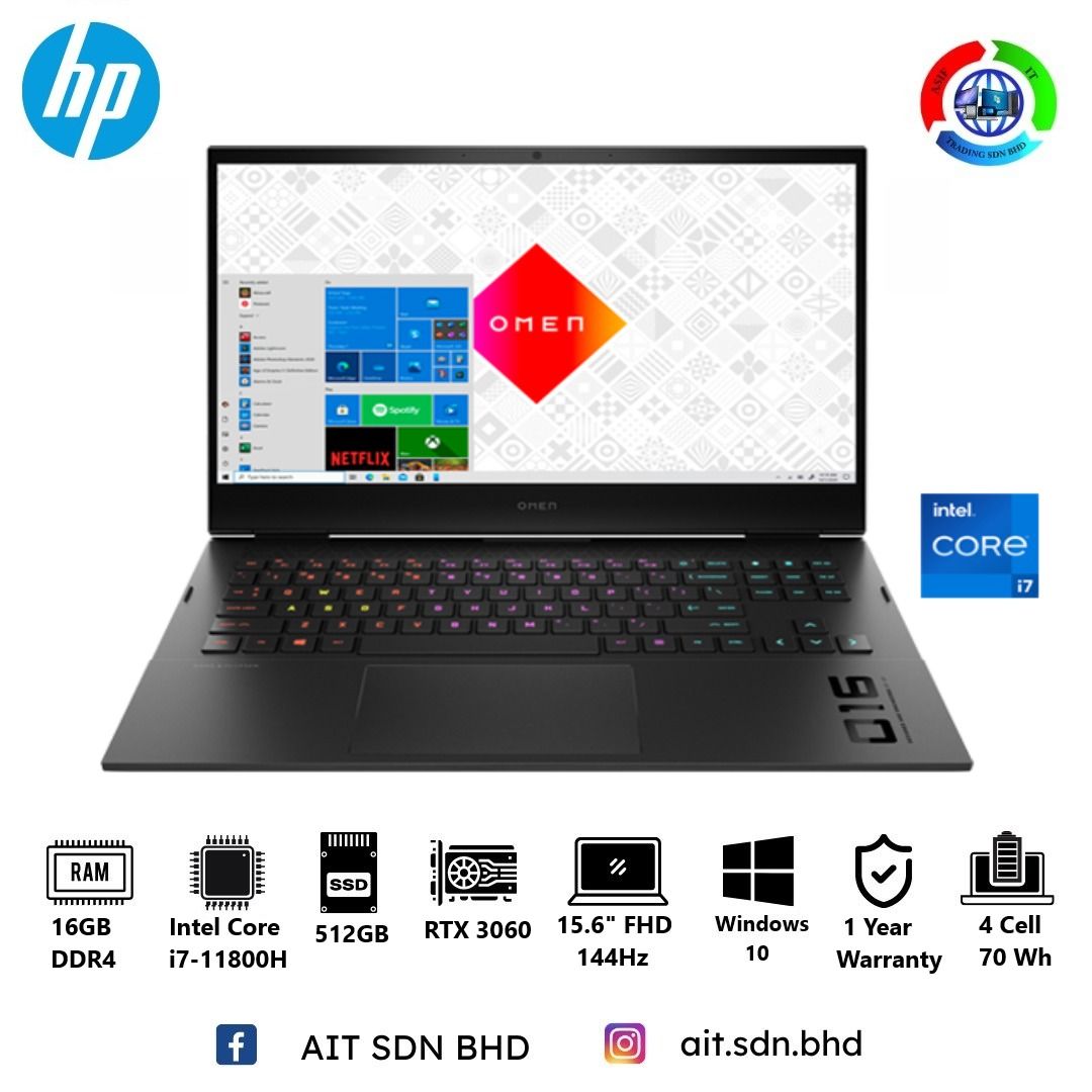 HP OMEN 16-b0014nr 16.1'' FHD 144Hz Gaming Laptop Shadow Black ( i7-11800H, 16GB, 512B SSD ...