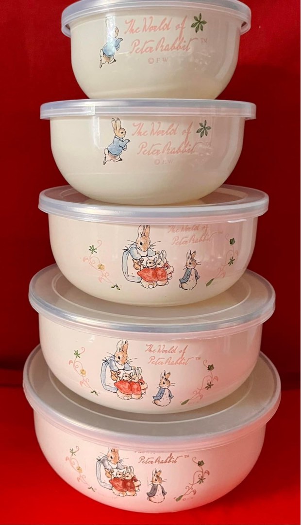 Japanese PETER RABBIT Bowls with Lids (7x3”/61/2x3”/5.75x2.75”/5x21/2 ...