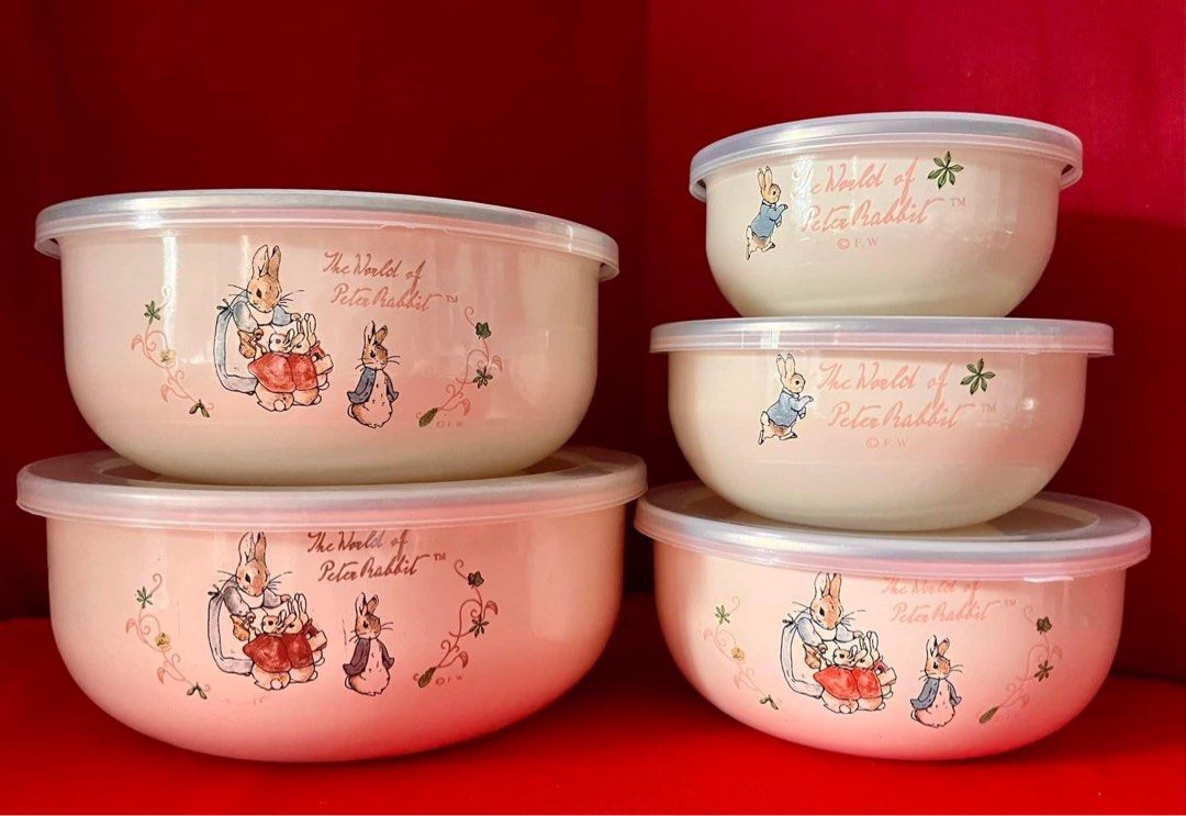 Japanese PETER RABBIT Bowls with Lids (7x3”/61/2x3”/5.75x2.75”/5x21/2 ...