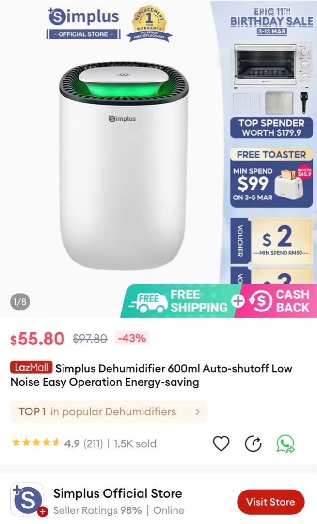 Simplus Dehumidifier 600ml, TV & Home Appliances, Air Purifiers & Dehumidifiers on Carousell