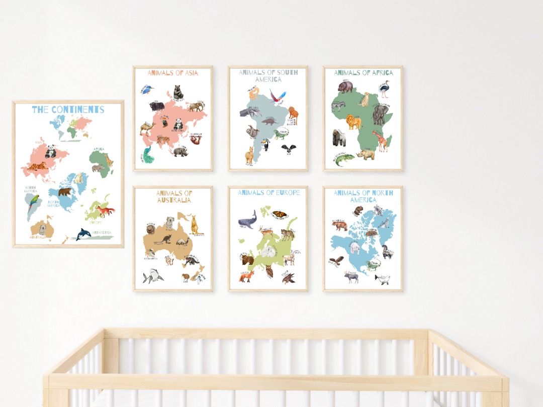 World map, continents with animals: Children's Educational Printable ...