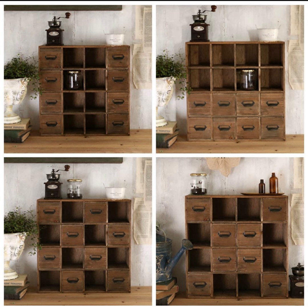 Zakka vintage dark wood tabletop shelving cabinet with 8 drawers 16 ...