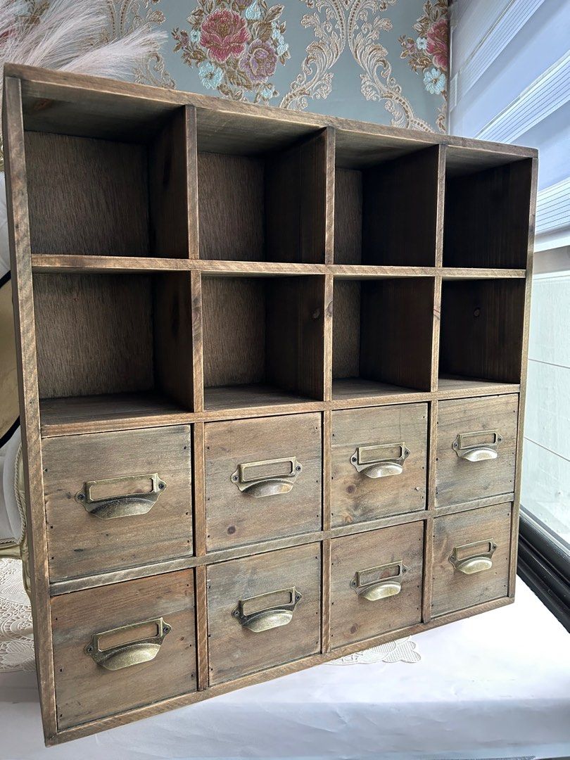 Zakka vintage dark wood tabletop shelving cabinet with 8 drawers 16 cubbies, Furniture & Home ...