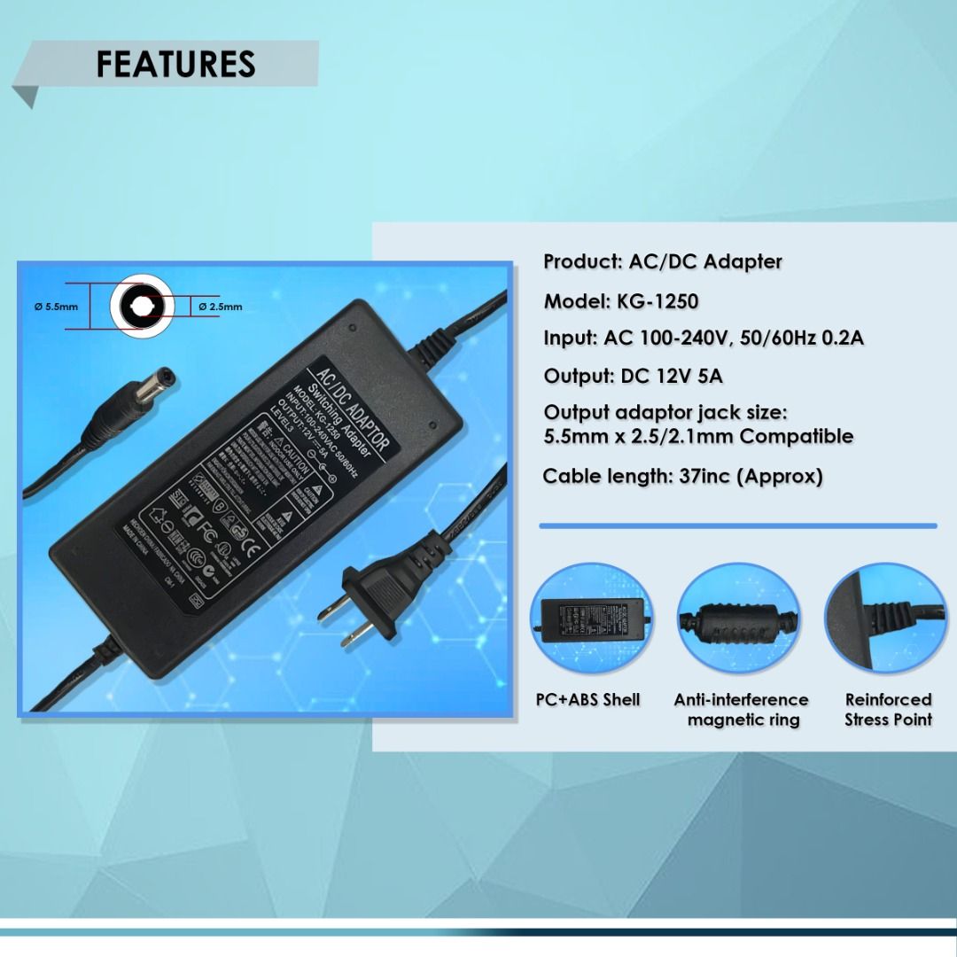 AC/DC ADAPTOR 5am, SWITCHING POWER ADAPTER, KG-1250, OUTPUT 12V 5 ...