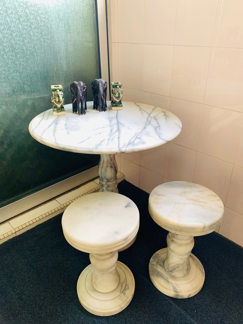 Authentic Vintage Full Marble Round Table and 2 Marble Turnable Stools ...