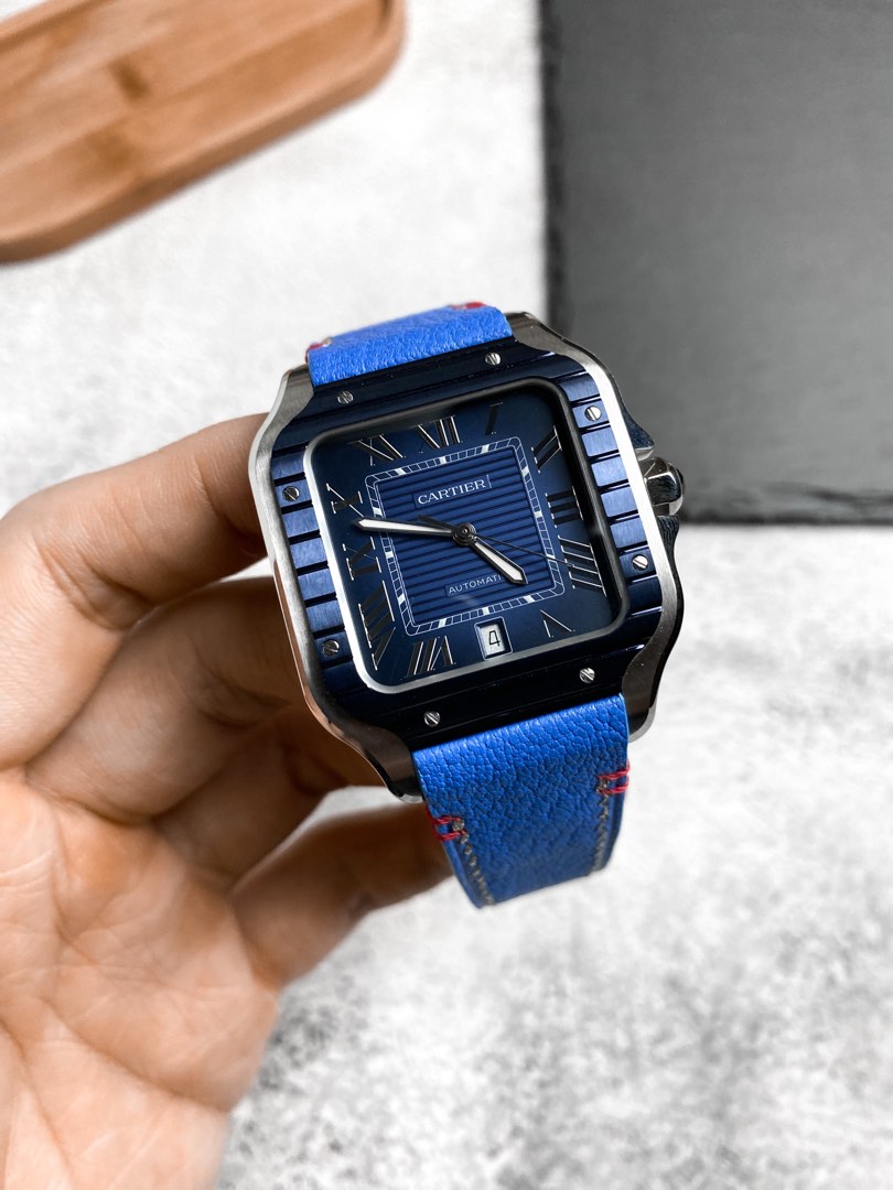 Handmade Bright Blue Chevre Leather Watch Strap for Cartier Santos Blue ...