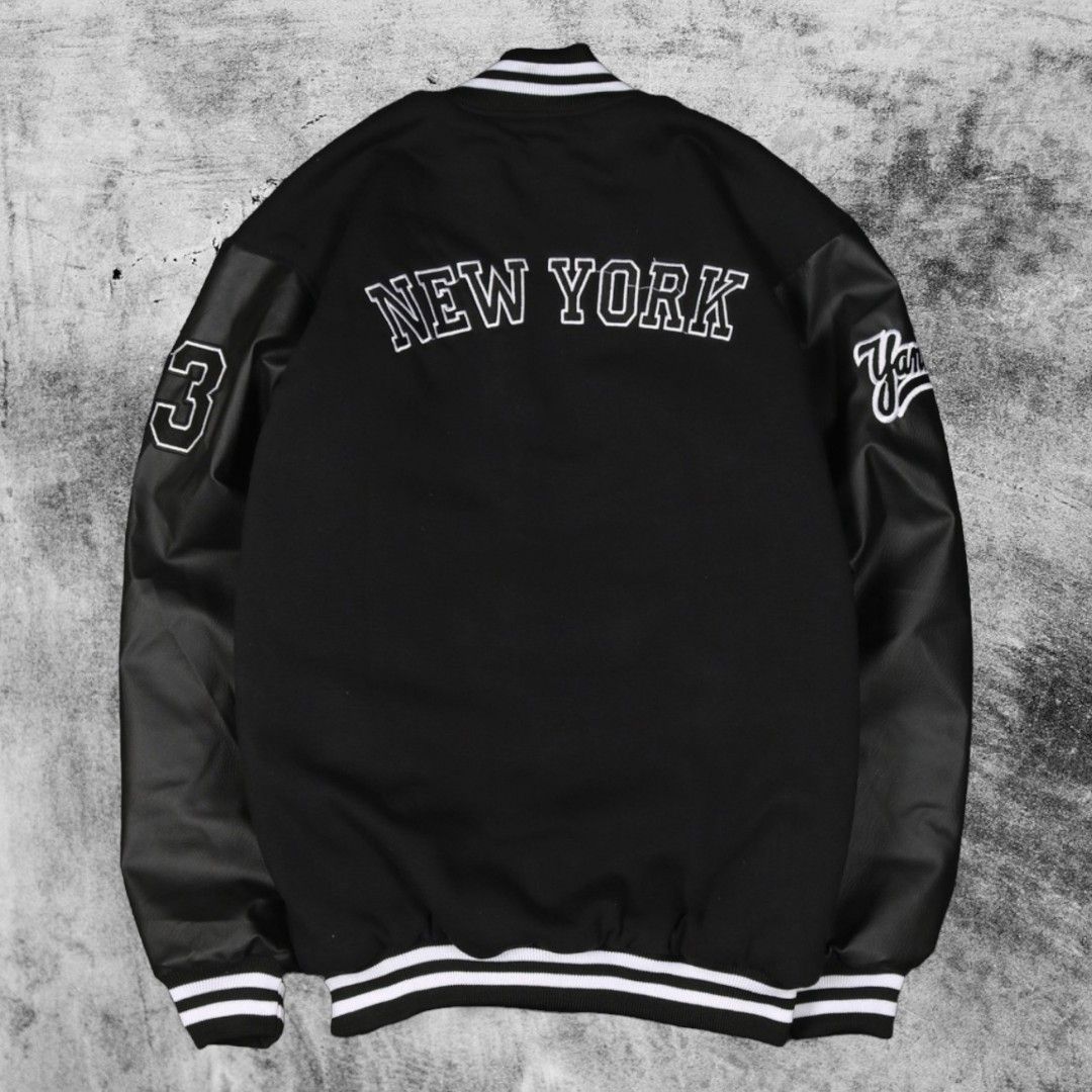 Jaket Varsity MLB New York Yankees 03 Leather Sleeve Hitam, Fesyen Pria ...