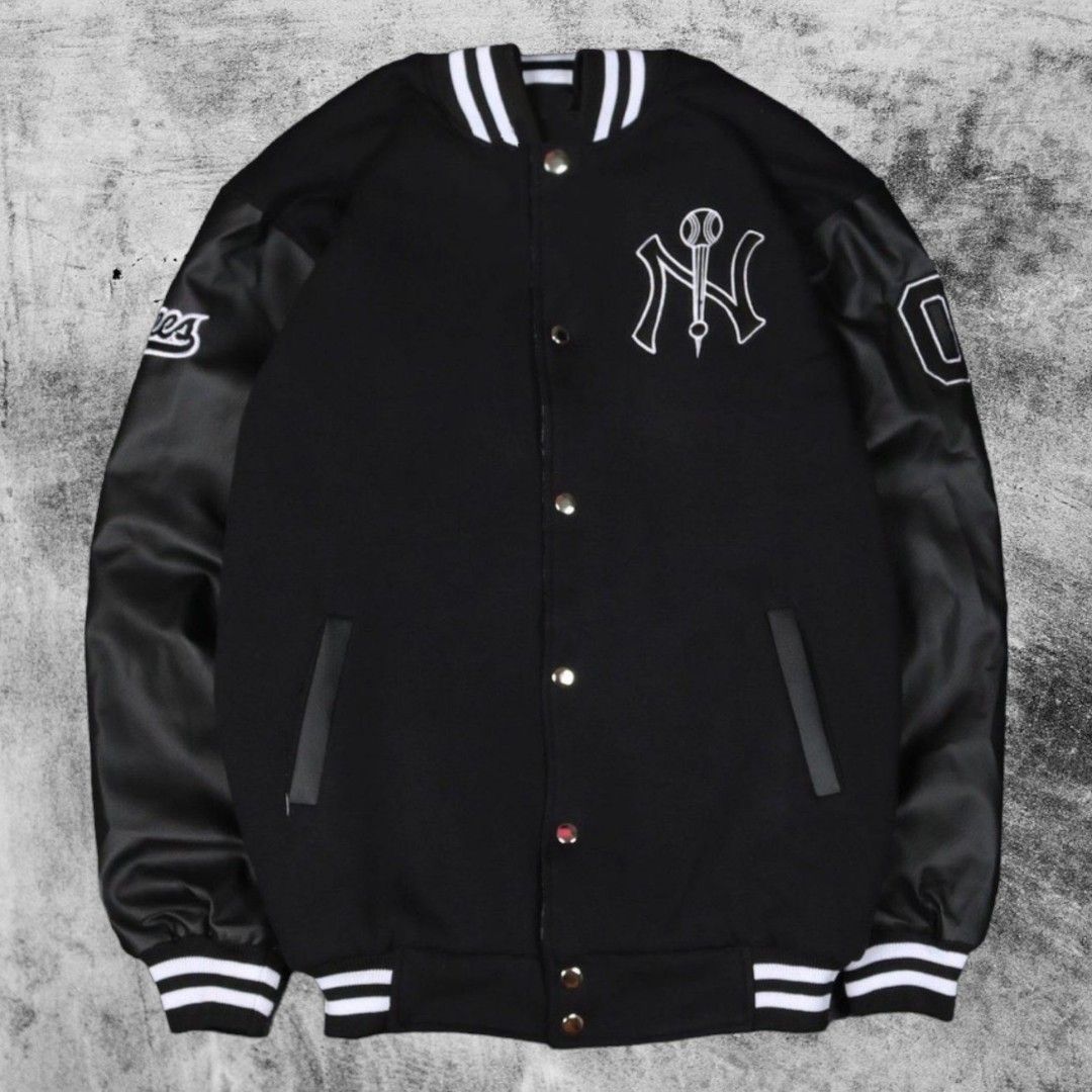 Jaket Varsity MLB New York Yankees 03 Leather Sleeve Hitam, Fesyen Pria ...