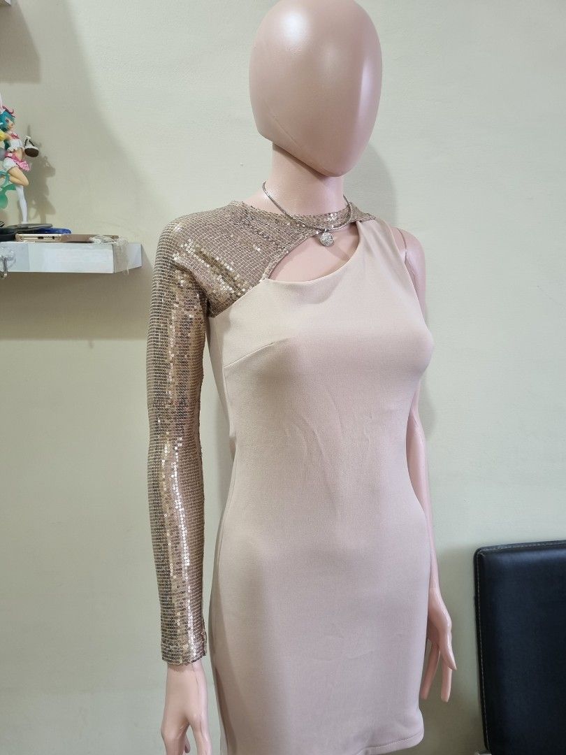 Nude Dress sequin one shoulder, Fesyen Wanita, Pakaian Wanita, Gaun ...