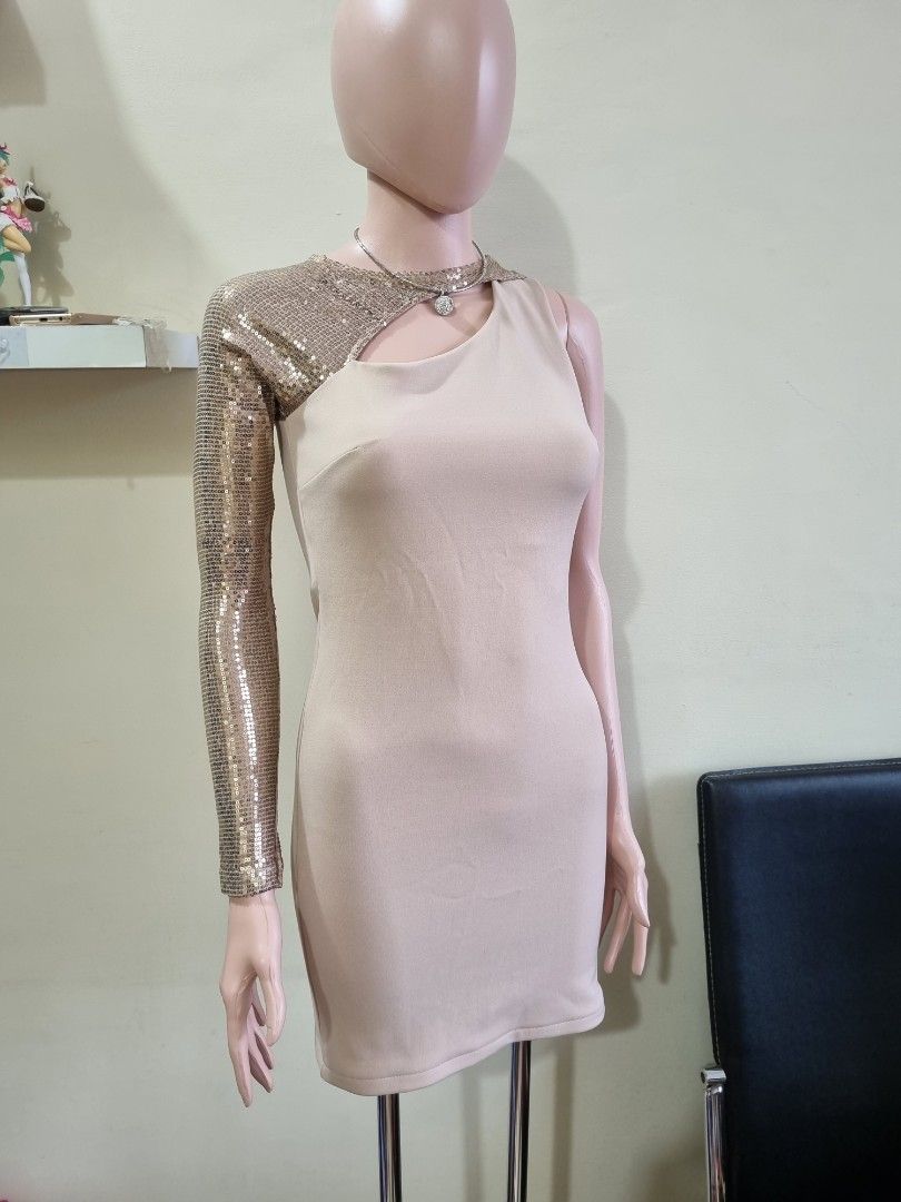Nude Dress sequin one shoulder, Fesyen Wanita, Pakaian Wanita, Gaun ...