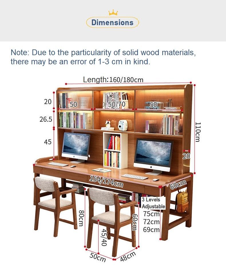 Solid Wood Height Adjustable Long Double Desk with Book Shelf , Storage ...
