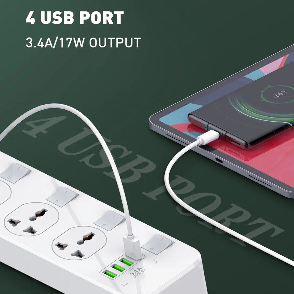 TYLEX XE02 4 Universal Socket Outlet 2 Meters Extension 4 USB Ports ...