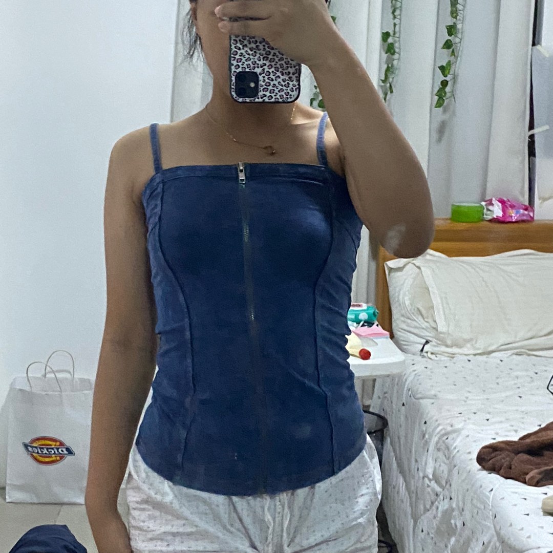 Boddy hugging denim stretchable zipper top on Carousell