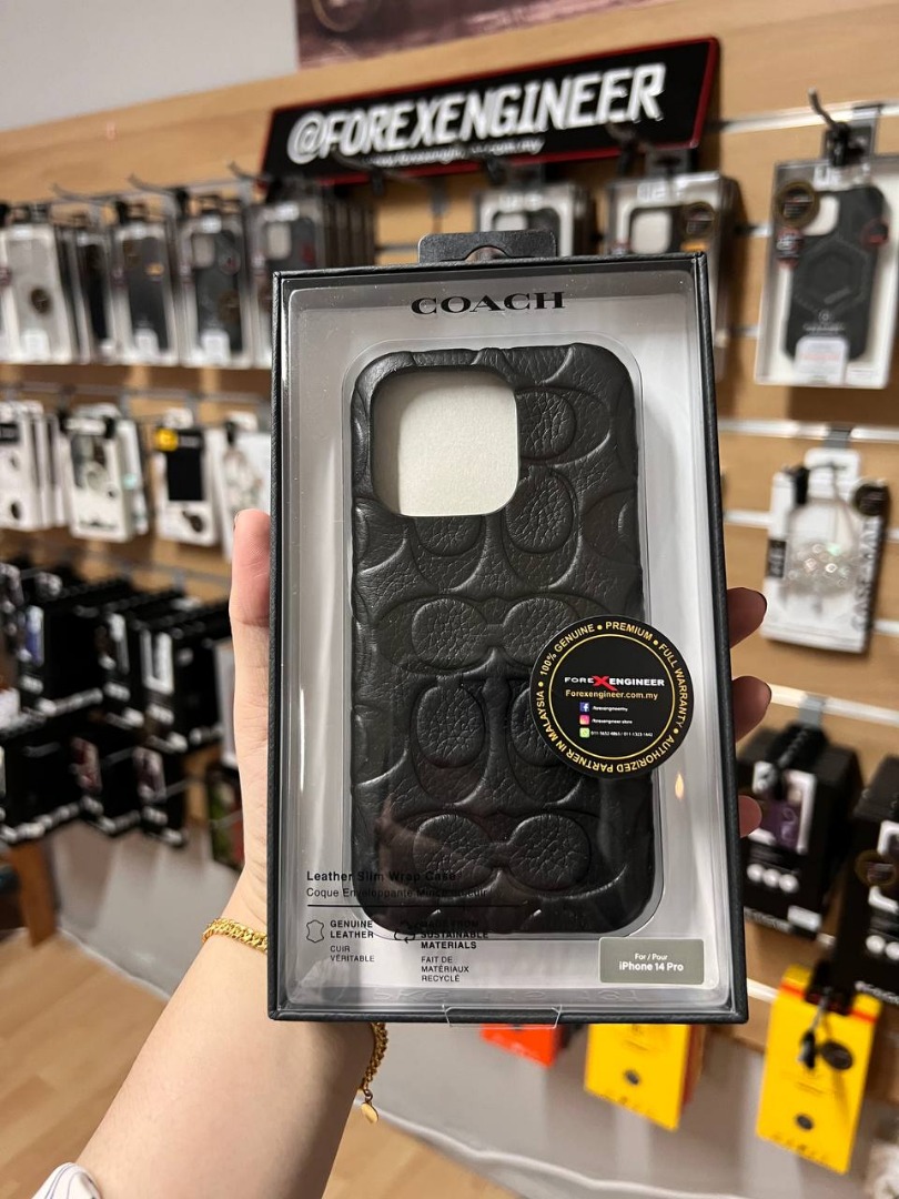 Coach Leather Slim Wrap for iPhone 14 Pro - Black Emboss Signature C Pebbled Leather (Barcode ...