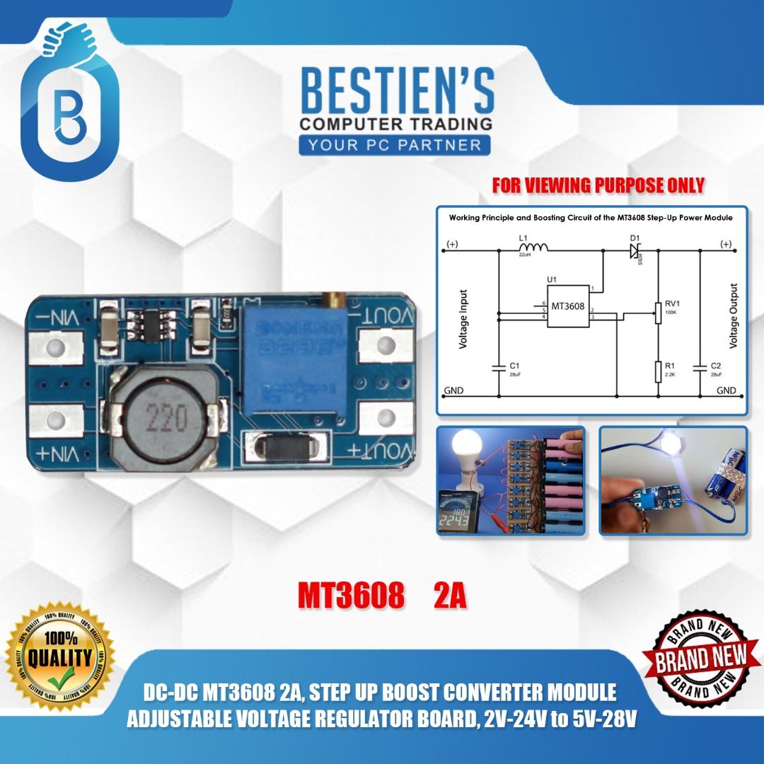DC-DC MT3608 2A, STEP UP BOOST CONVERTER MODULE ADJUSTABLE VOLTAGE REGULATOR BOARD, 2V-24V to 5V ...