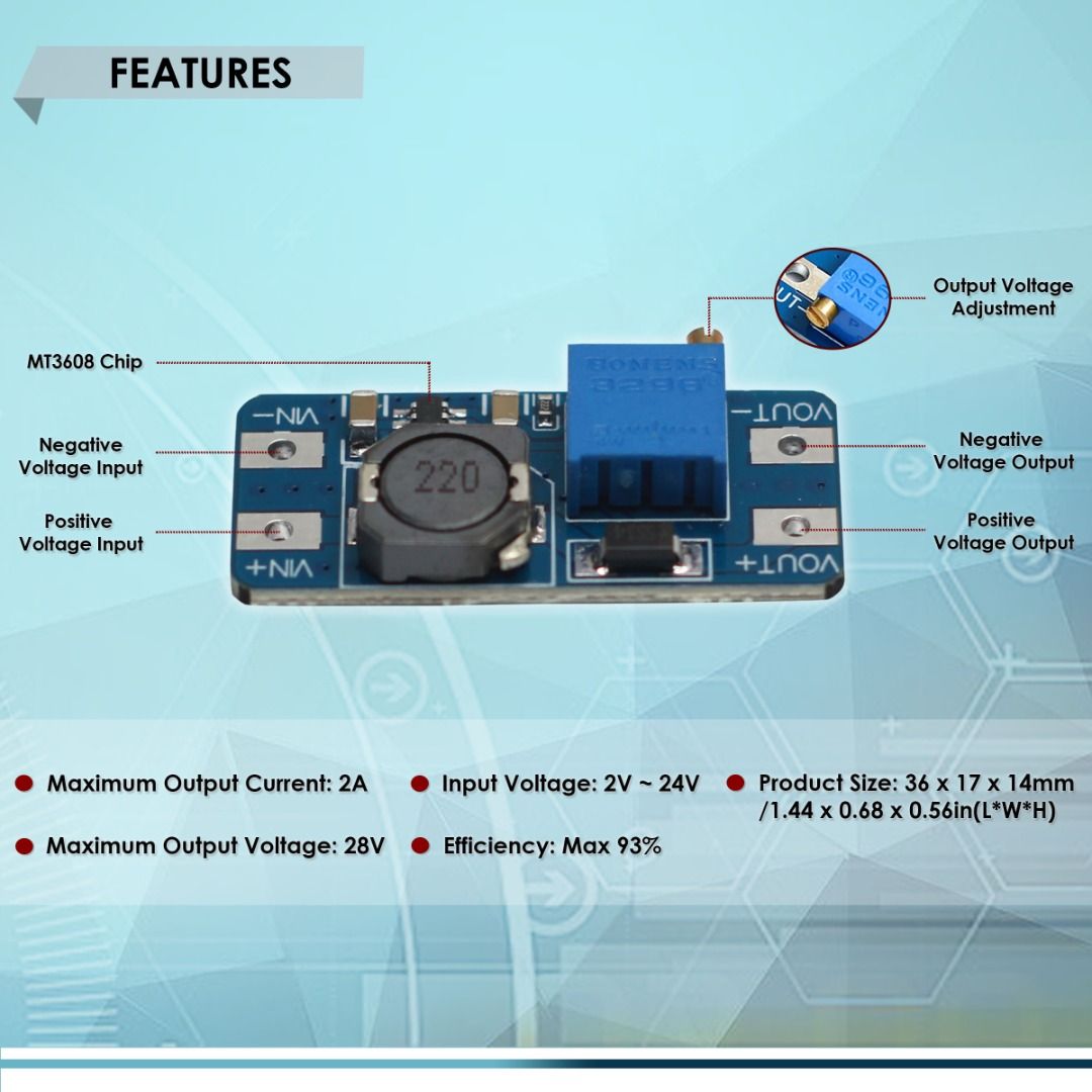 DC-DC MT3608 2A, STEP UP BOOST CONVERTER MODULE ADJUSTABLE VOLTAGE REGULATOR BOARD, 2V-24V to 5V ...