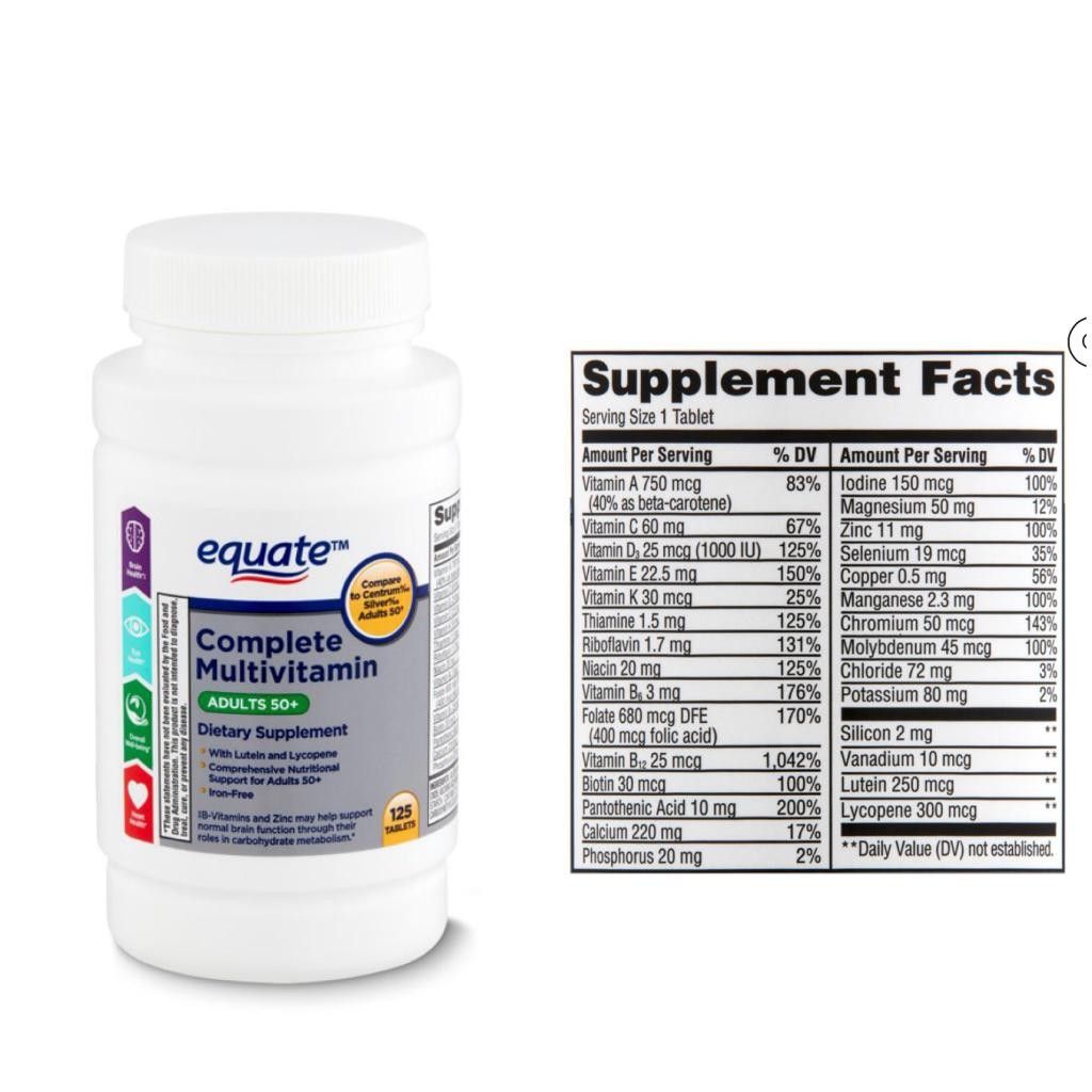 Equate Complete Multivitamin 50+, isi 125, Makanan & Minuman, Makanan ...