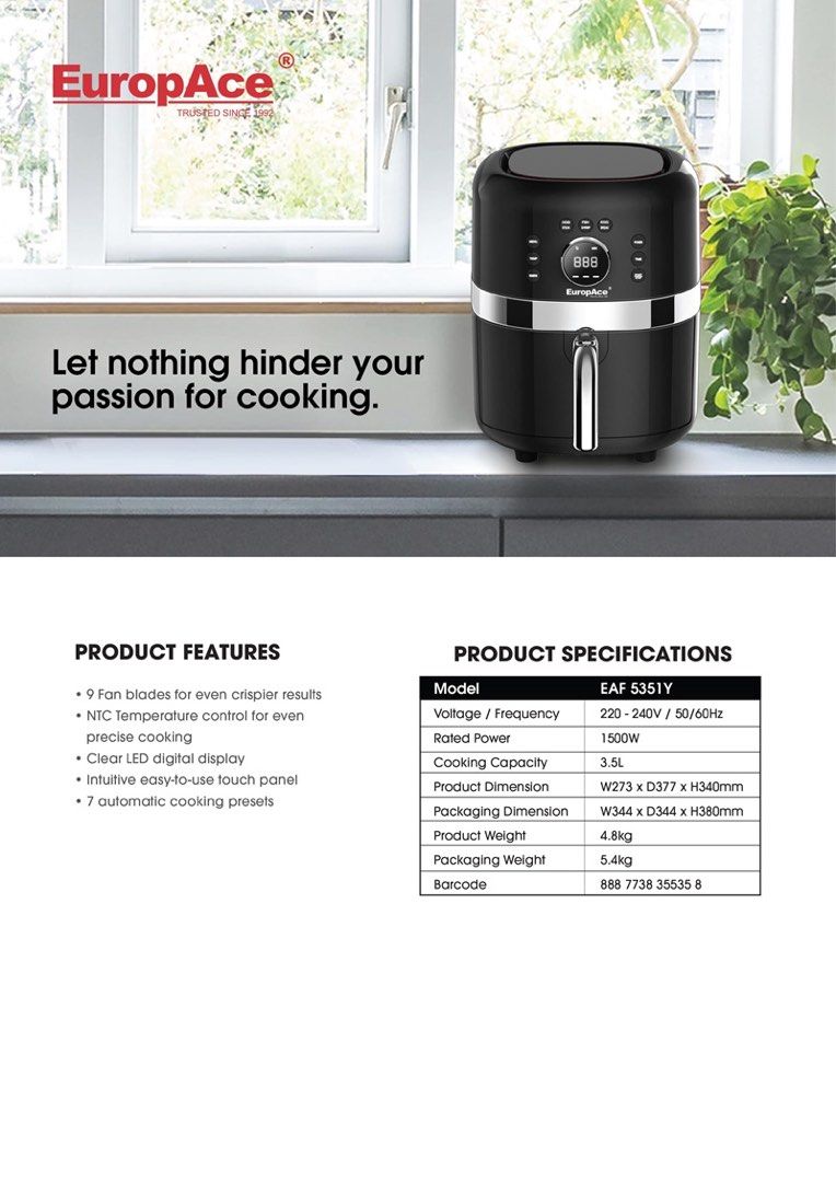 EuropAce 3.5L Gloss Black Digital Air Fryer, TV & Home Appliances ...