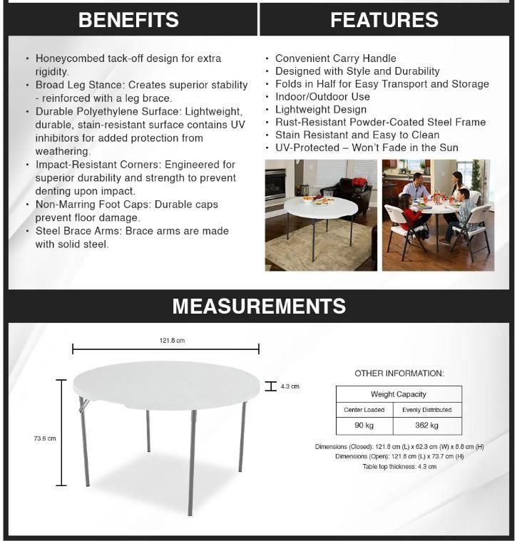 Lifetime Round Fold in Half Table 48 Diameter - White, Furniture & Home ...
