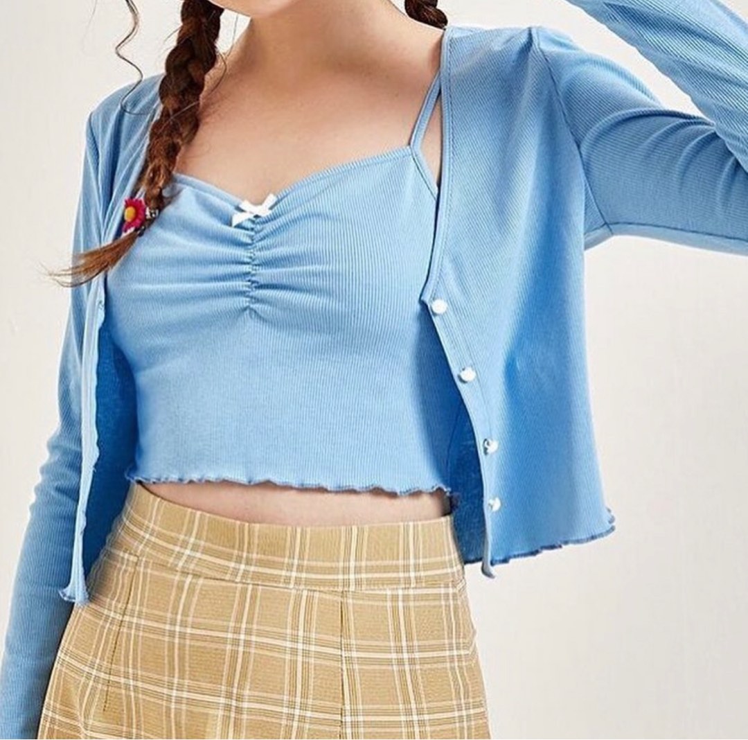 Shein Soft Girl Y2K Baby Blue Lettuce Trim Camisole Cardigan Set ...
