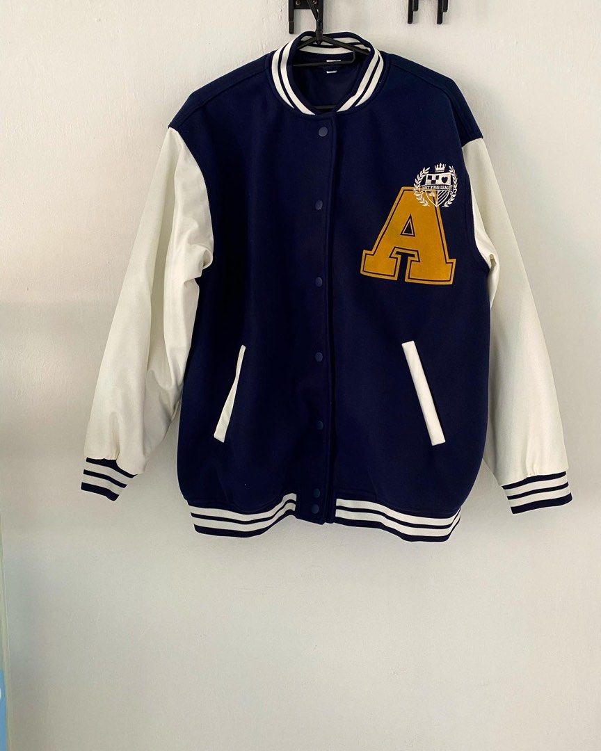 Varsity Baseball Bomber Jacket Navy Blue, Women's Fashion, Coats ...