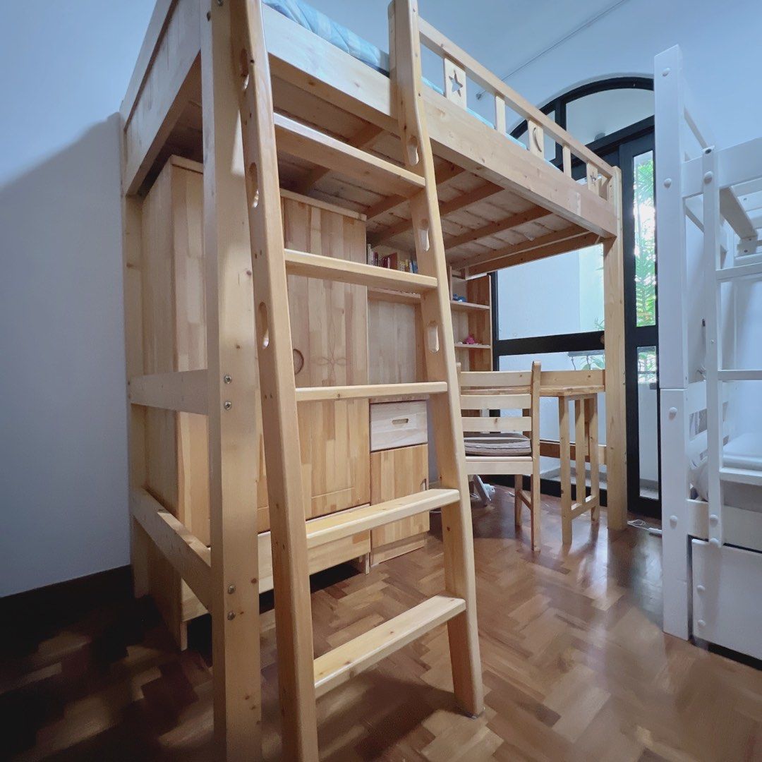 Wooden loft bed with study table, Furniture & Home Living, Furniture ...