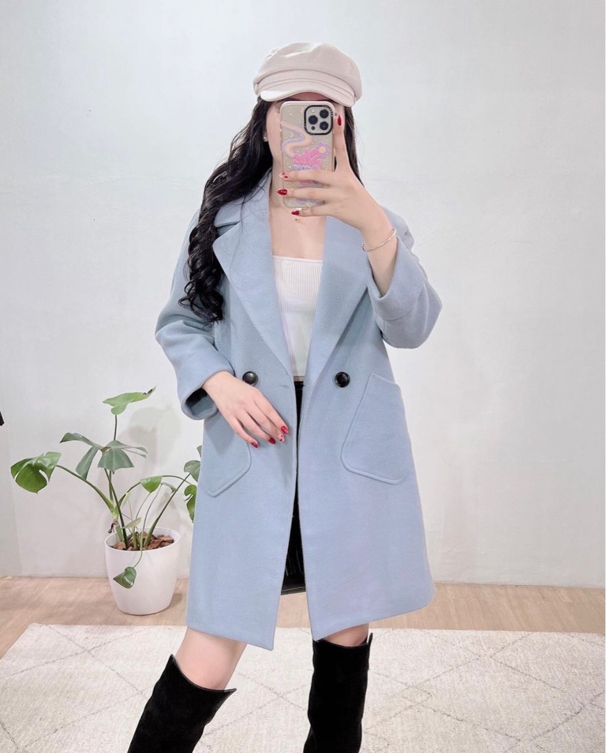 Dusty Blue Wool Coat, Women's Fashion, Coats, Jackets and Outerwear on ...