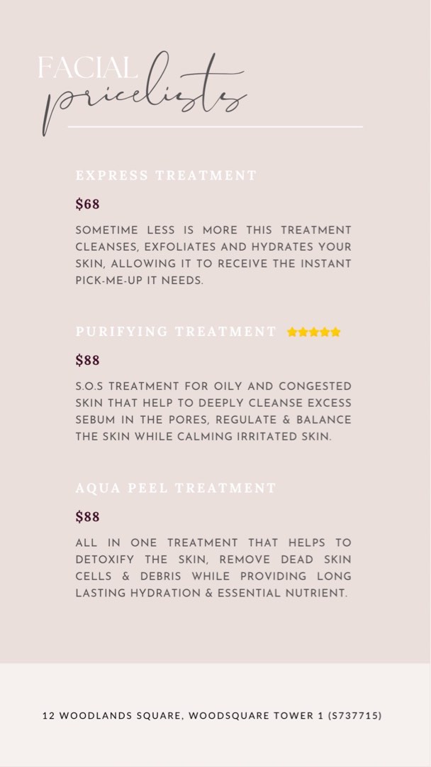 FACIAL MENU, Beauty & Personal Care, Face, Face Care on Carousell