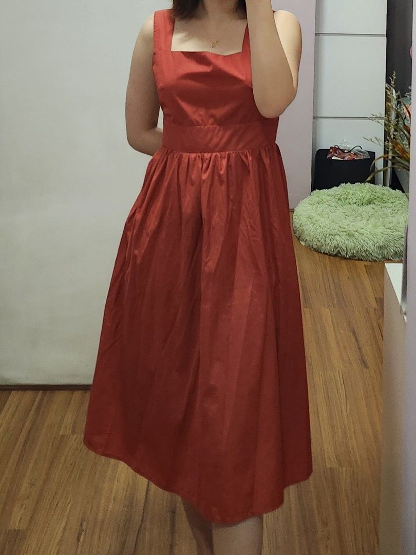 Pastel Red Square Neck Dress on Carousell